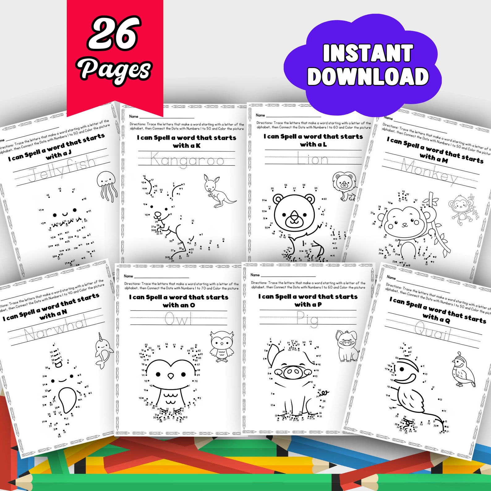 Kindergarten Dot to Dot Animals of the Alphabet Printable Connect the ...