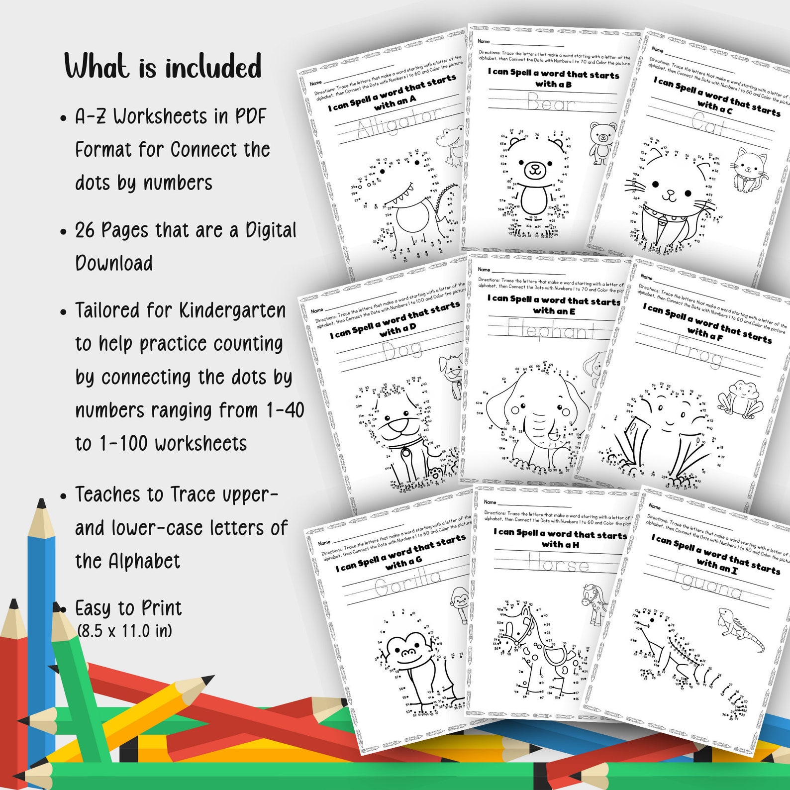 Kindergarten Dot to Dot Animals of the Alphabet Printable Connect the ...