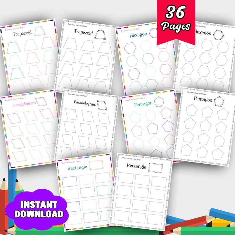 Trace the Shapes Printable Shapes Worksheets Practice Tracing Learning ...