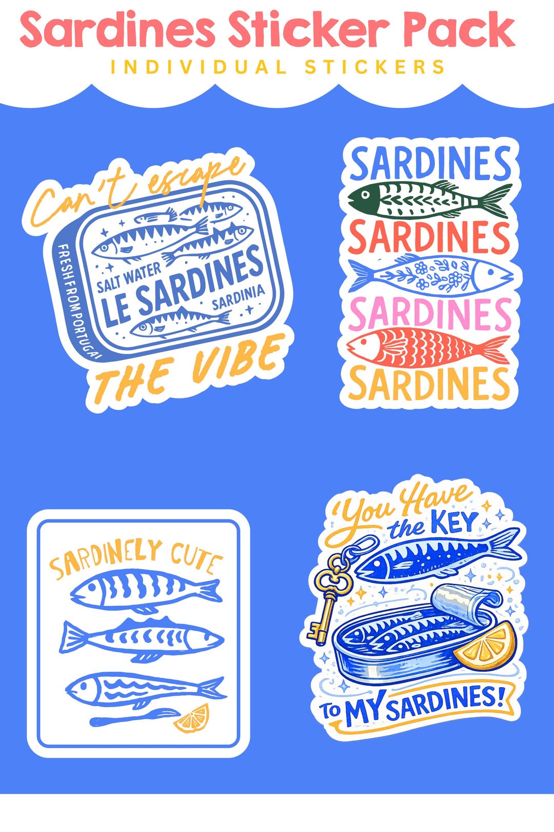 Sardines Sticker Pack | Cute Sardine Stickers | Retro Fish Stickers ...