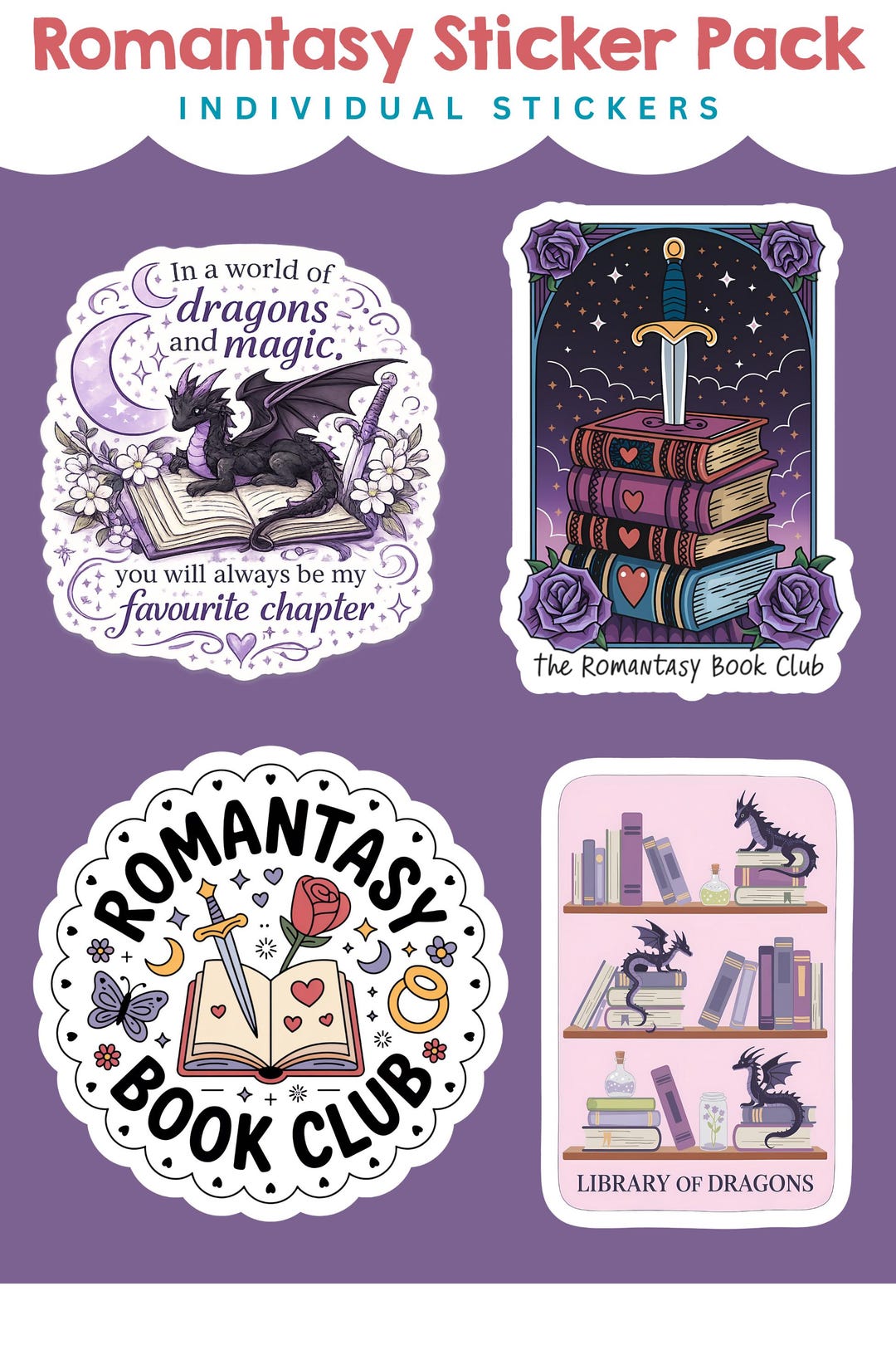 Romantasy Sticker Pack | Fantasy Romance Stickers | Dragon & Book Lover ...