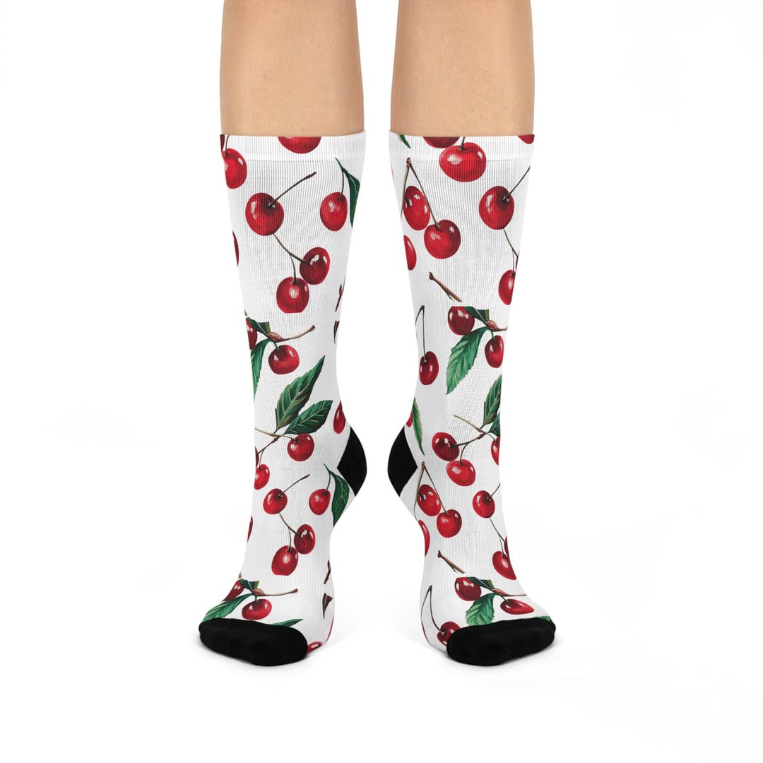 Cherry Themed Cushioned Crew Socks, Cherry Socks - Etsy