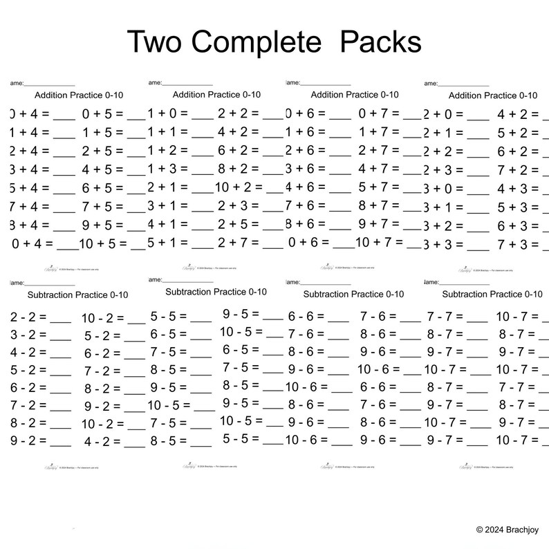 Addition and Subtraction Worksheets Bundle | Math Facts Practice 0–10 ...