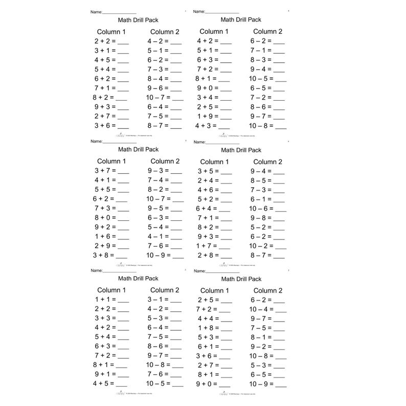 Math Drill Worksheets Addition & Subtraction 0–10 | Timed Test Practice ...