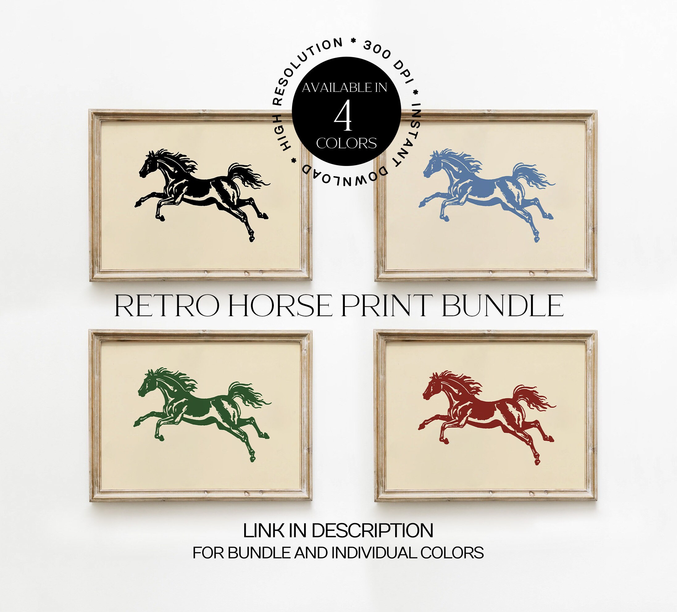 Vintage Western Horse Print, Black Retro Home Decor, Preppy Dorm Room ...