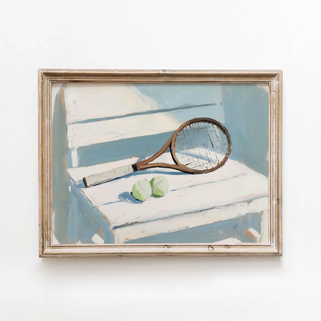 Vintage Tennis Racket Printable, Muted Pastel Wall Art, Rustic Tennis ...
