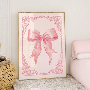 Preppy Pink Coquette Bow Poster, Vintage Girly Wall Art, Hand Drawn Bow ...