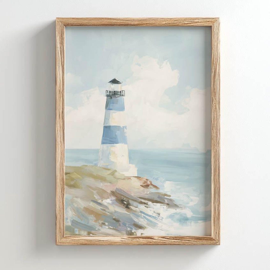 Printed Coastal Lighthouse Poster, Blue-and-white Stripes, Pastel ...