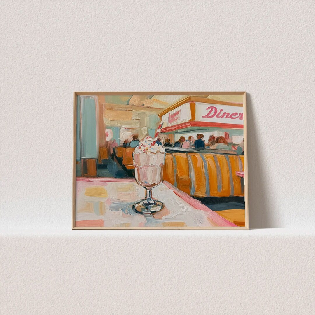 Retro Milkshake Painting, Printable Kitchen Wall Art, Pastel Diner ...