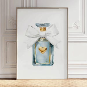 Blue Coquette Perfume Bottle Poster, White Bow Art, Gold Room Decor ...