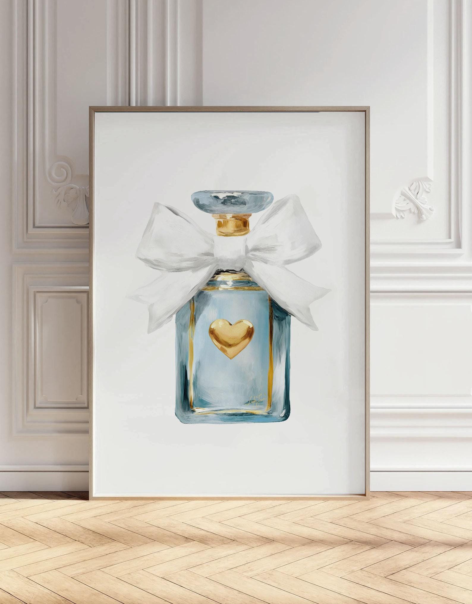 Blue Coquette Perfume Bottle Poster, White Bow Art, Gold Room Decor ...