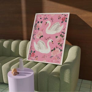 Retro Girly Swan Poster, Light Pink Aesthetic Wall Art, Coquette Room ...
