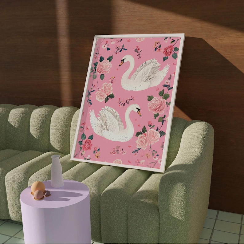 Retro Girly Swan Poster, Light Pink Aesthetic Wall Art, Coquette Room ...