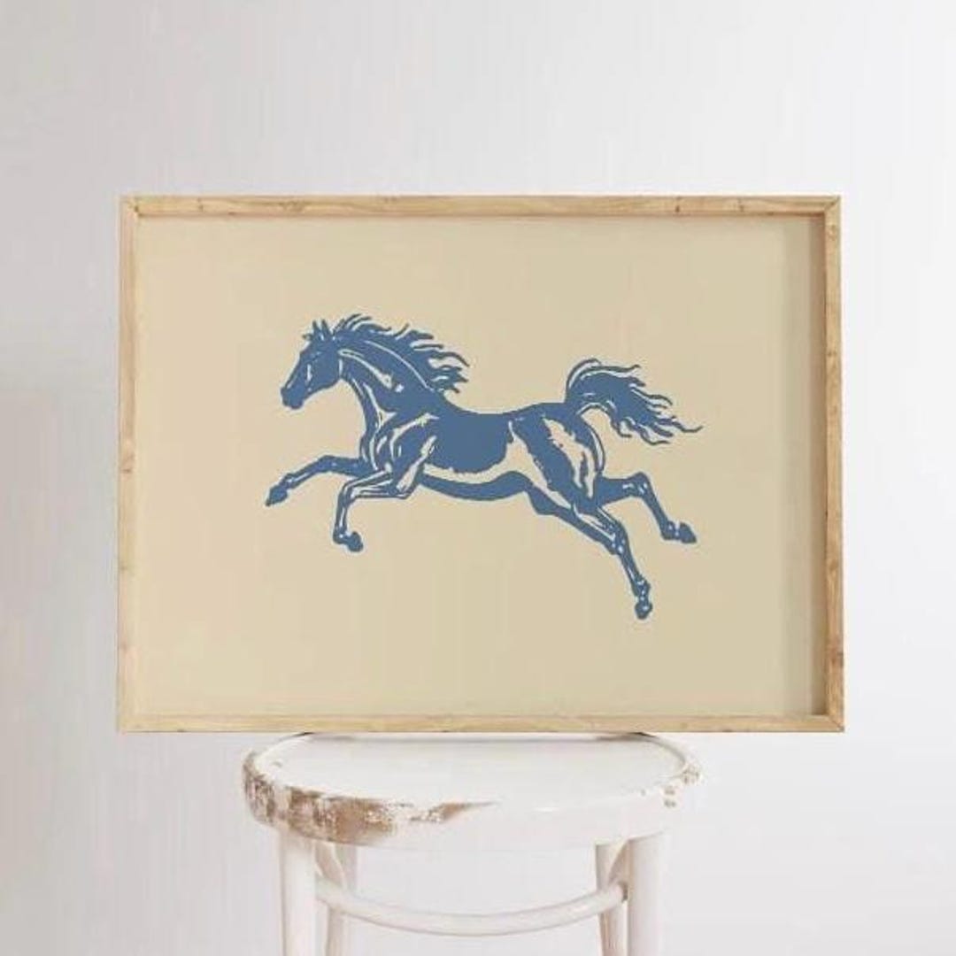 Vintage Western Horse Print, Blue Retro Home Decor, Preppy Dorm Room ...
