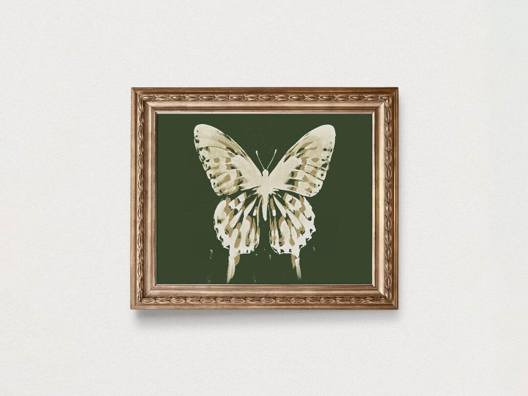 Retro Green Butterfly Poster, Vintage Gold Aesthetic Wall Art, Muted ...