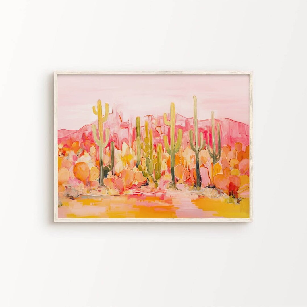 Pink Desert Cactus Print, Printable Painting, Western Landscape Poster ...