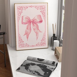 Preppy Pink Coquette Bow Poster, Vintage Girly Wall Art, Hand Drawn Bow ...