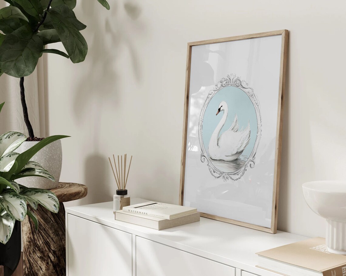Swan Art Print, Vintage Swan Wall Art, Light Blue Nursery Decor, Blue ...