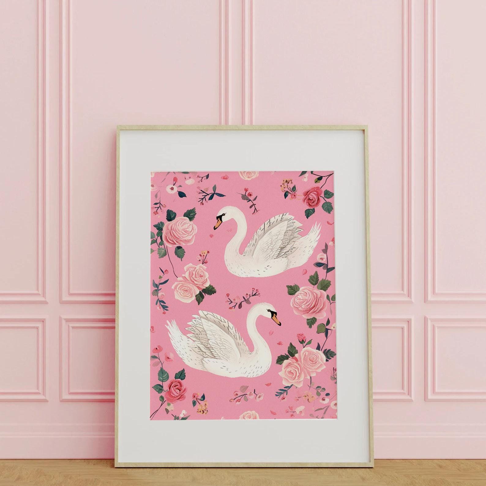 Retro Girly Swan Poster, Light Pink Aesthetic Wall Art, Coquette Room ...