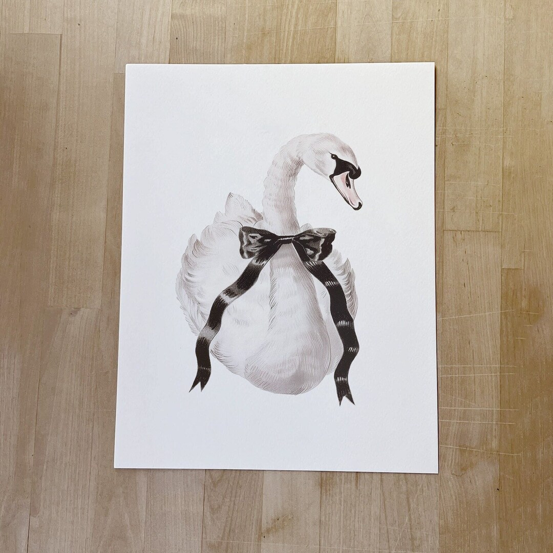 Vintage Swan & Bow Fine Art Print, Black and White Nursery Decor, Retro ...