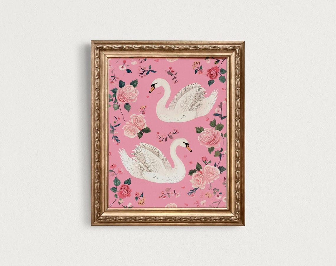 Retro Girly Swan Poster, Light Pink Aesthetic Wall Art, Coquette Room ...
