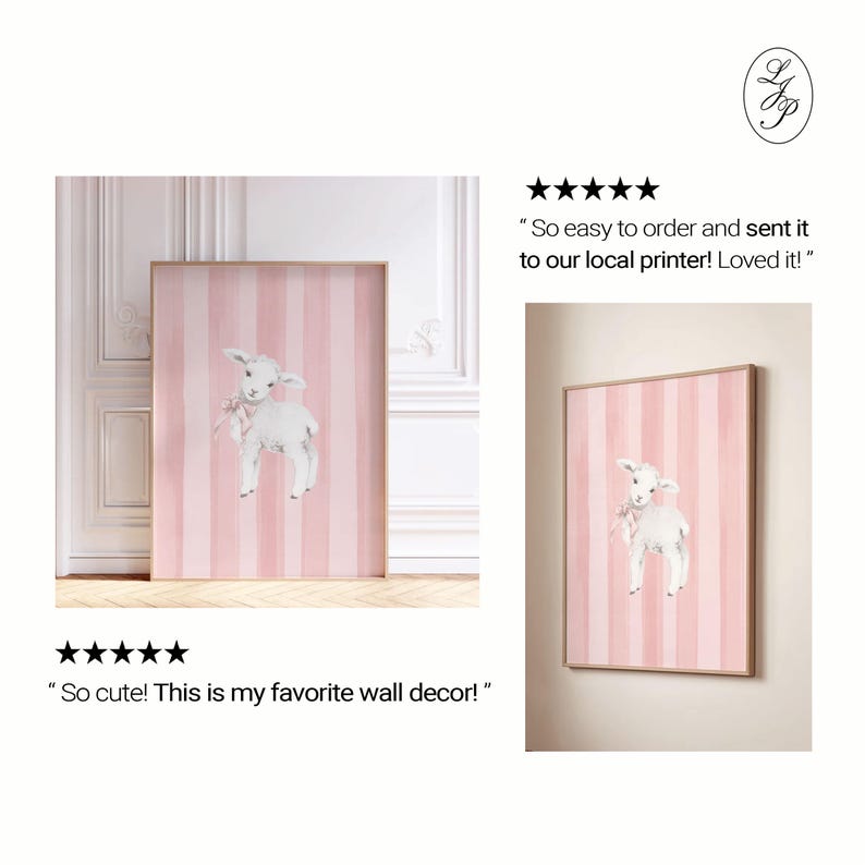 White Lamb & Bow Pink Coquette Printable Wall Art Girly Nursery Decor ...