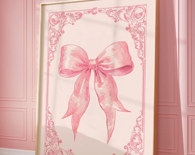 Pink Bow Poster Art, Girly Aesthetic Poster, Vintage Hand Drawn ...
