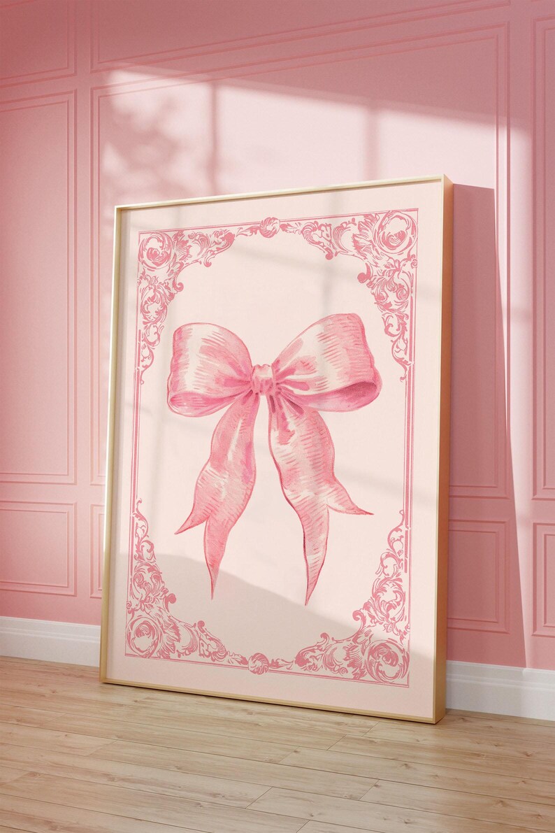 Preppy Pink Coquette Bow Poster, Vintage Girly Wall Art, Hand Drawn Bow ...