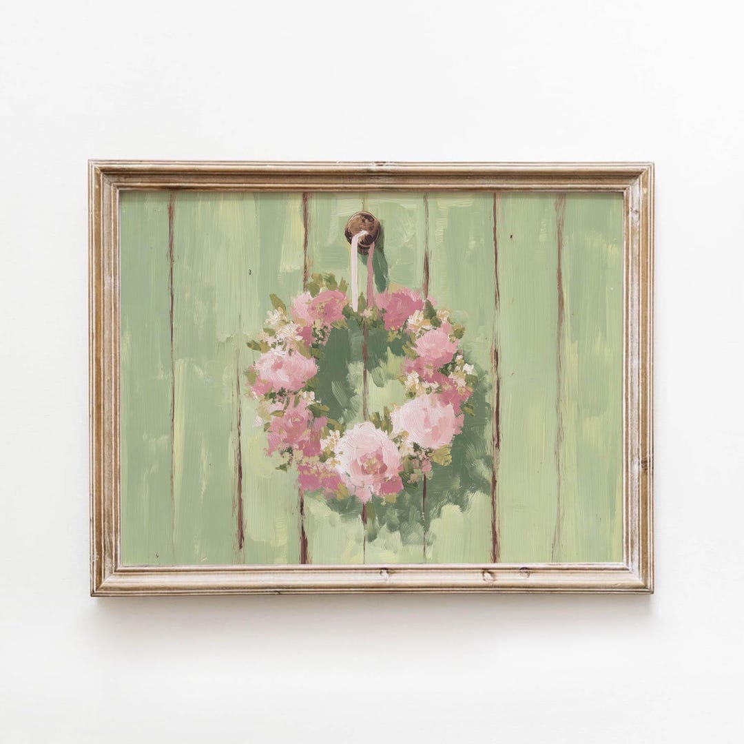 Soft Pink Rose Wreath Printable, Green Rustic Wall Art, Cottagecore ...