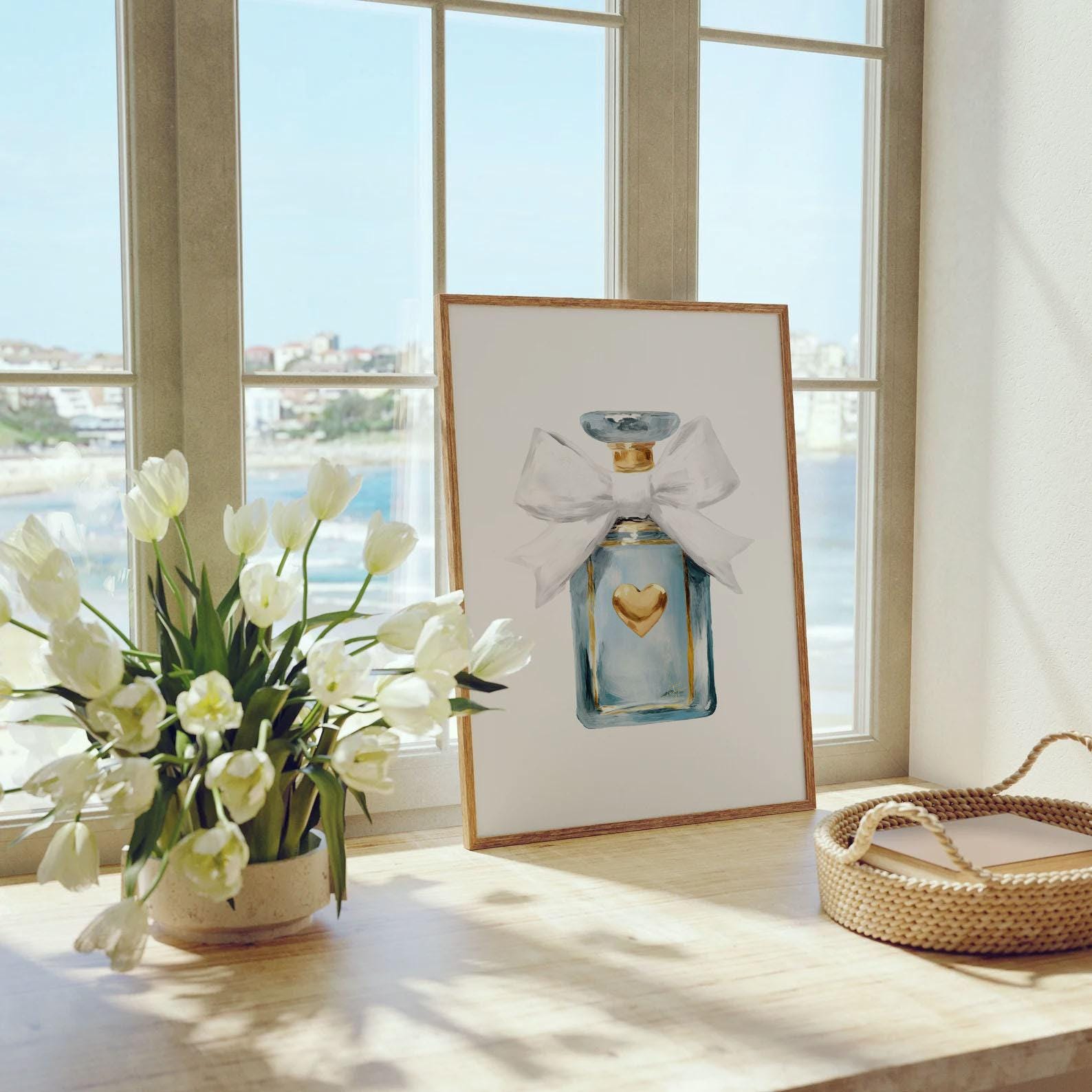 Blue Coquette Perfume Bottle Poster, White Bow Art, Gold Room Decor ...