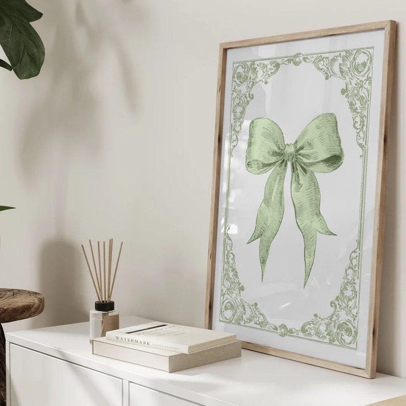 Green Coquette Bow Poster, Vintage Girly Wall Art, Preppy Aesthetic ...