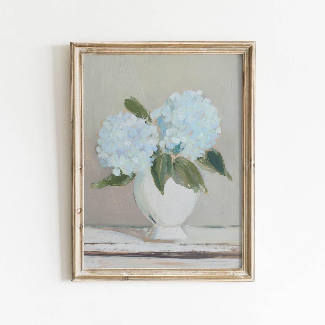 Pale Blue Hydrangeas in White Vase, Printable Still Life, Pastel Spring ...