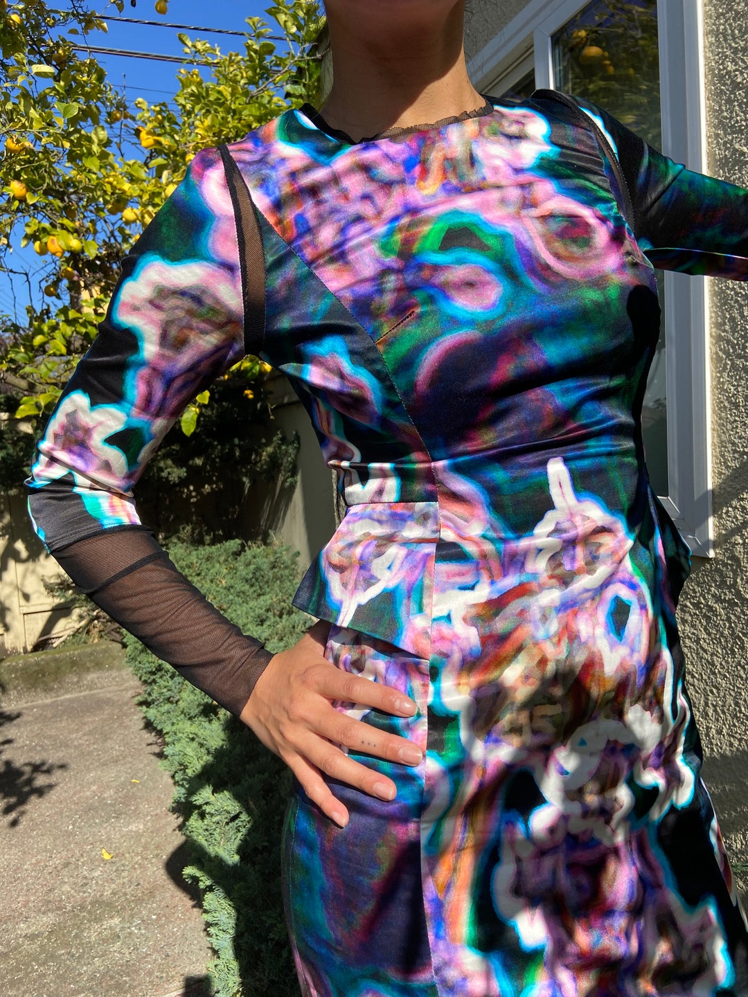 Y2K Milly Body Con Abstract Multicolored Dress | Long Sleeved Evening ...
