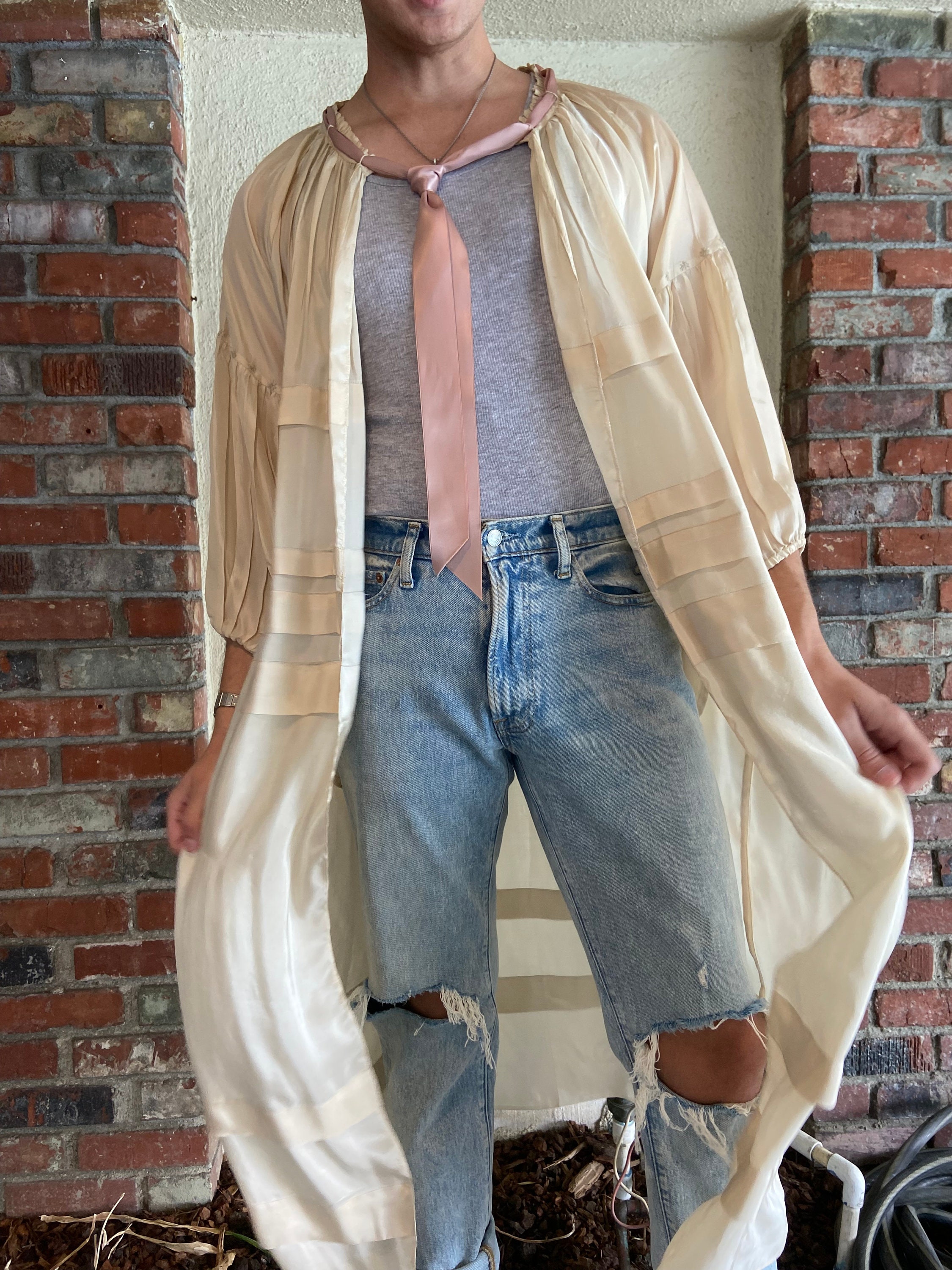 Cream and Pastel Pink Robe | Balloon Sleeved Vintage Silk Duster | Long ...