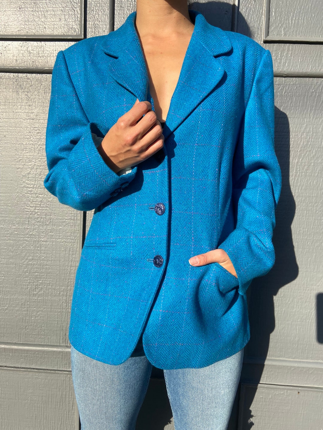 90s Vintage Jacket | Electric Blue Suit Jacket | Neon Blue Herringbone ...