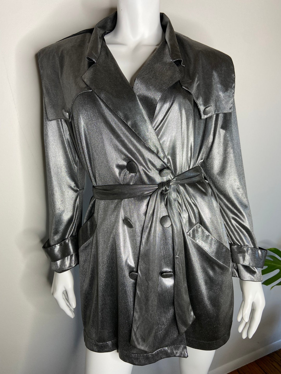 Metallic Silver Belted Collared Trench Coat | 80s Vintage Jacket ...