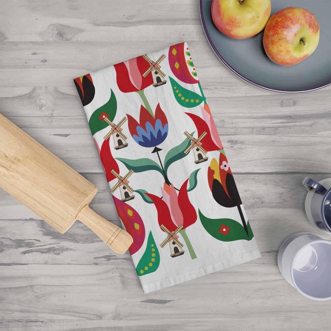 Dutch Folk Art Tea Towel, Tulip Kitchen Towel, Holland Gift, the ...