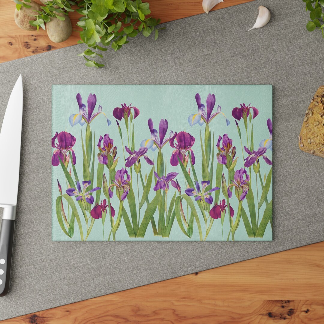 Beautiful Iris Artwork Glass Cutting Board, Farmhouse Kitchen , Country ...