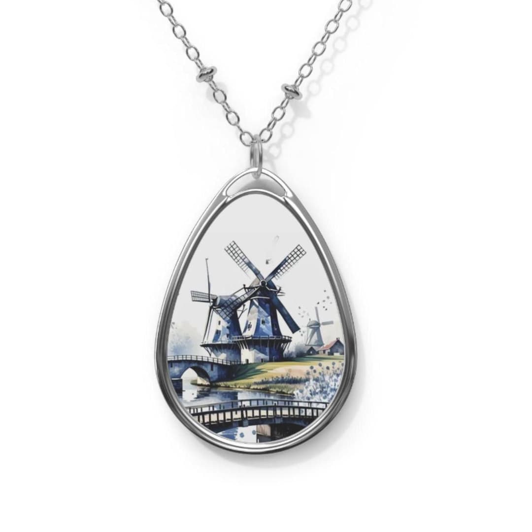 Oval Necklace, Dutch Windmills Delft Blue Pendant, Netherlands Jewelry ...