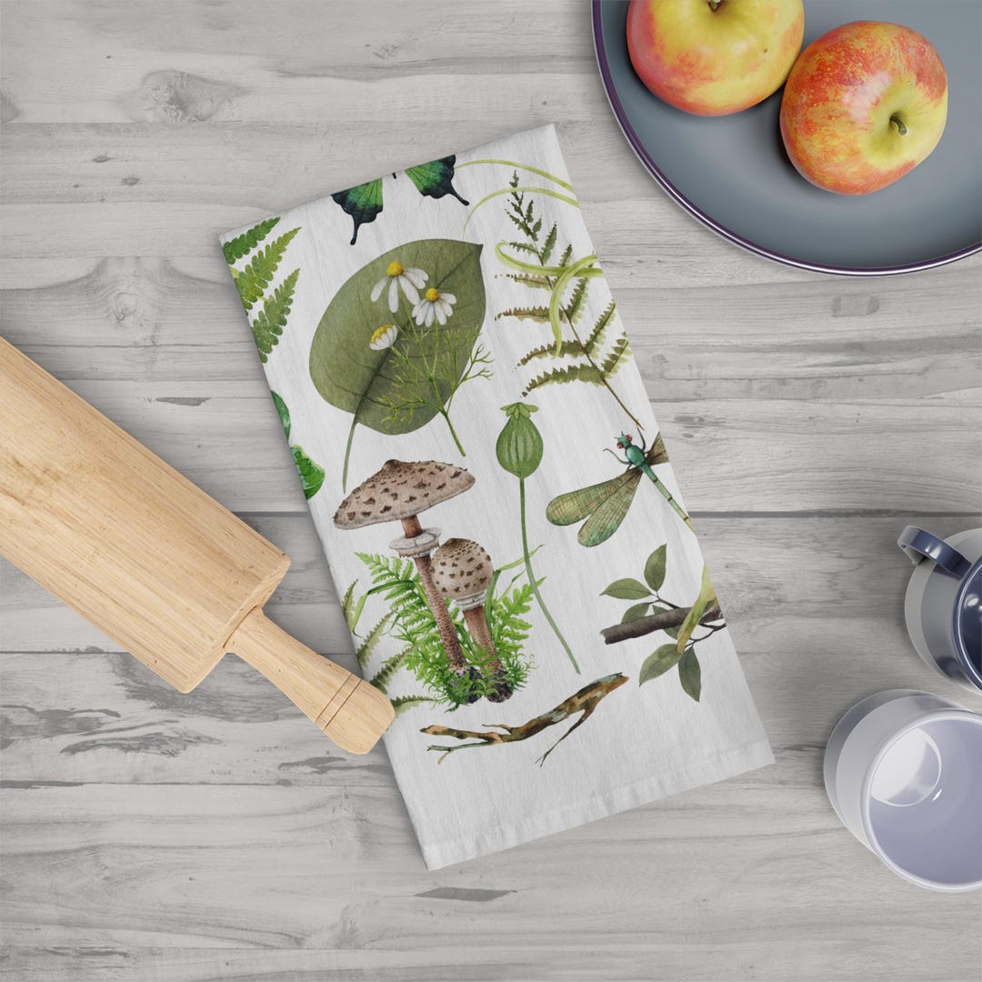 Cottage Core Tea Towel, Green Kitchen Dishtowel, Nature Art, Ferns and ...