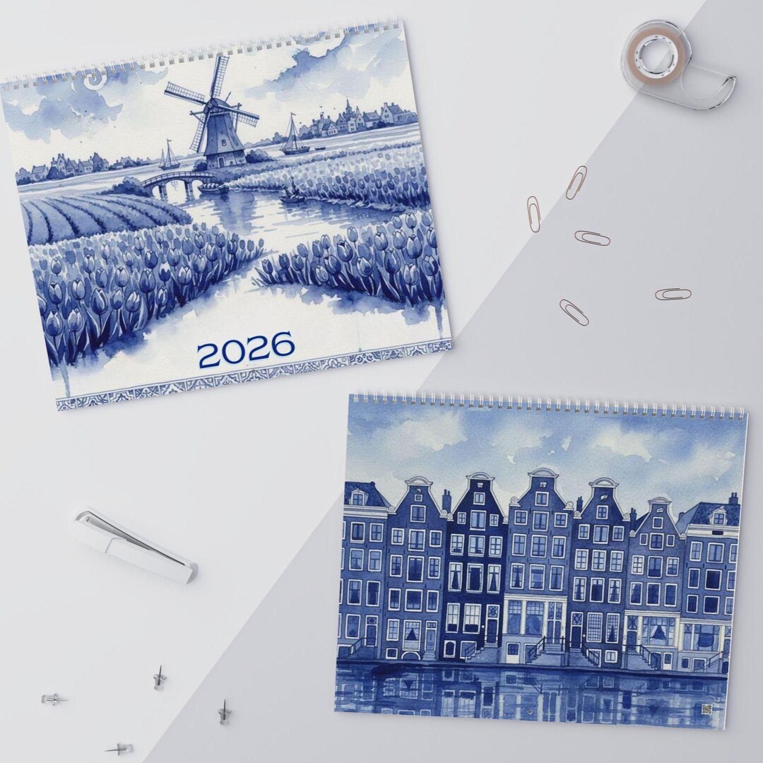 2026 Dutch Art Wall Calendar, Delft Blue Watercolor Artwork, Home ...