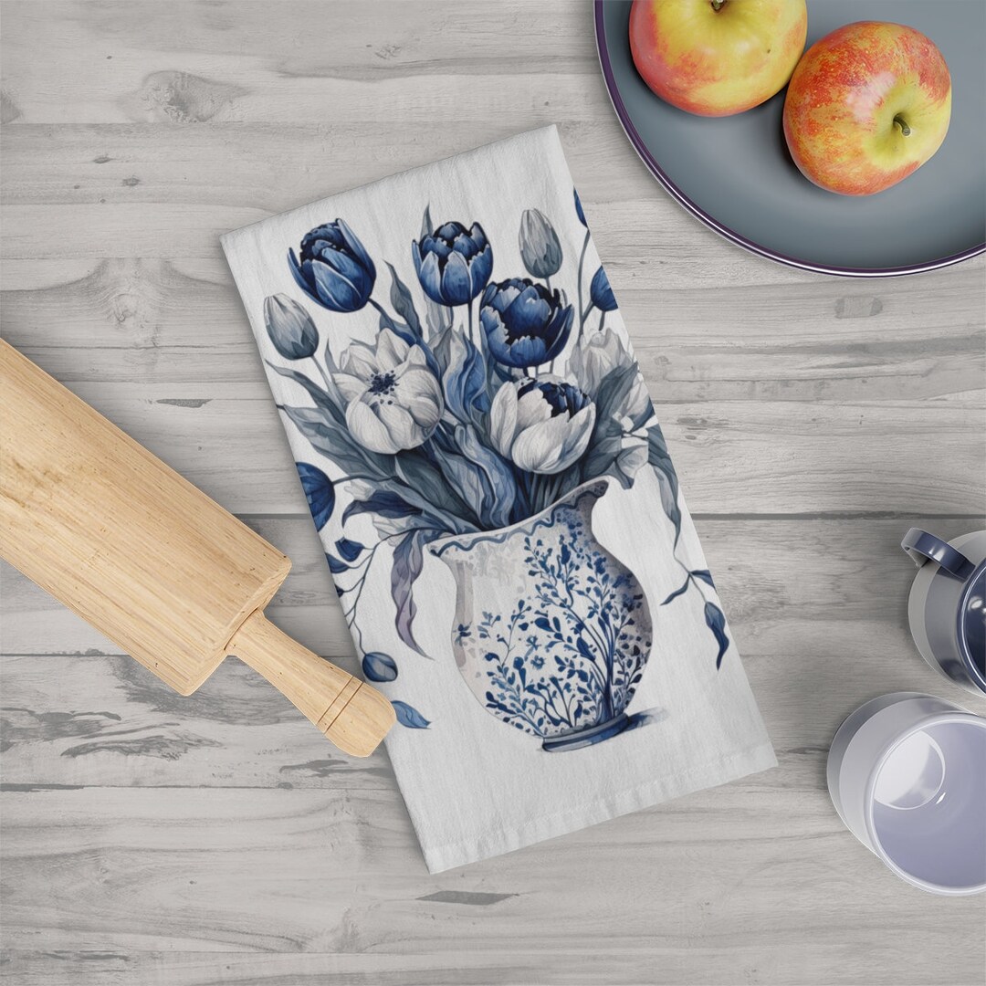 Delft Blue Dutch Tulips Design Tea Towel, Decorative Kitchen Towel ...