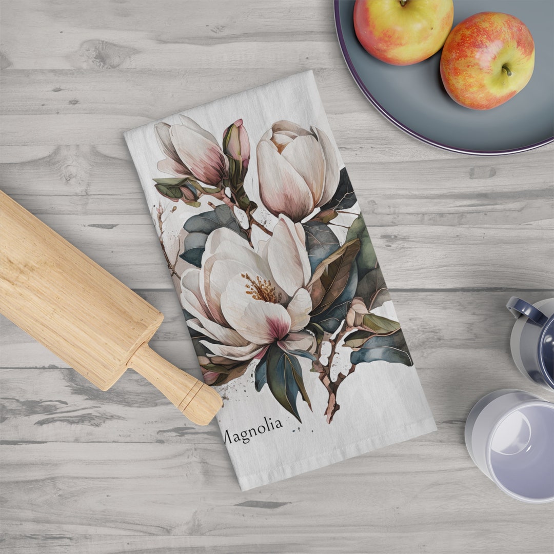 Magnolia Flower Tea Towel, Farmhouse Kitchen Towel, Magnolia Kitchen ...