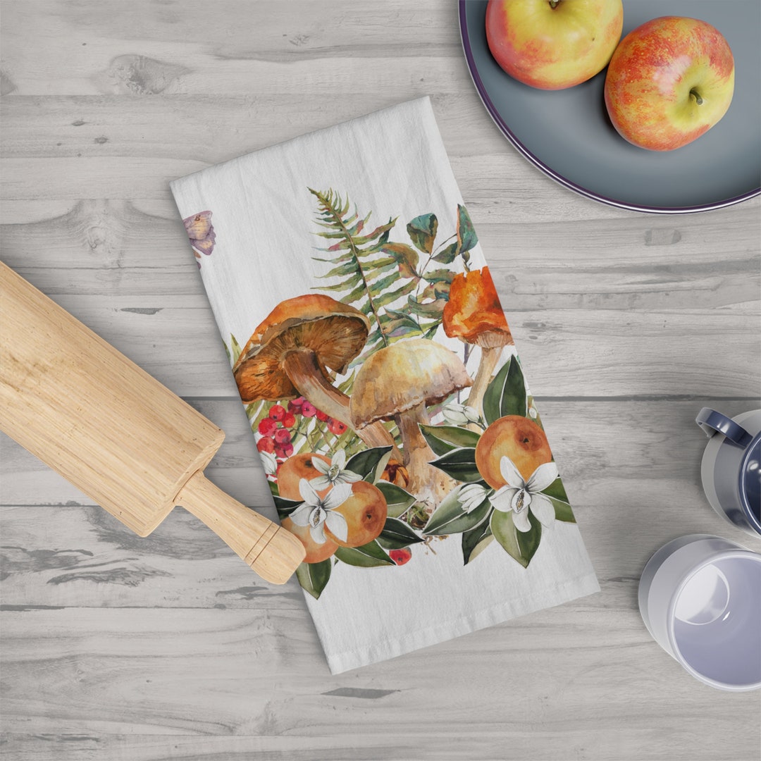 Beautiful Mushrooms and Oranges Kitchen Tea Towel, Fungi Kitchen Towels ...