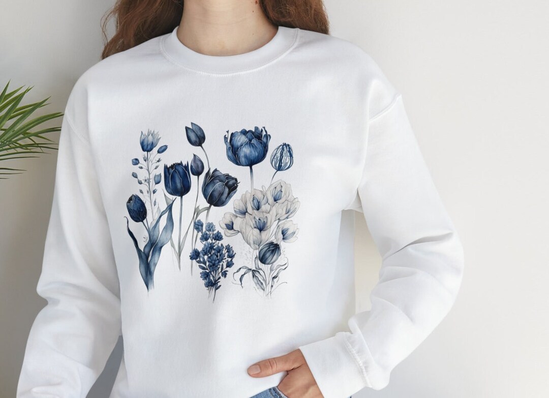 Beautiful Delft Blue Dutch Tulips Sweatshirt, Tulip Sweater, Gift for ...