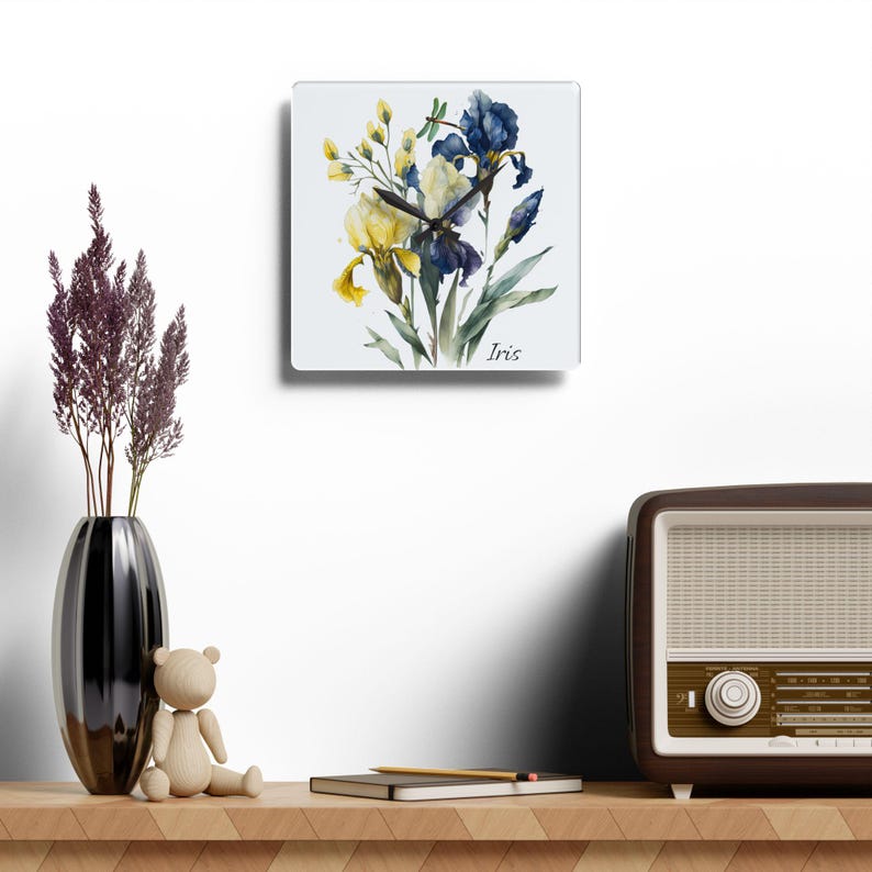 Acrylic Wall Clock, Iris Clock, Bearded Iris Art, Purple Iris Home ...