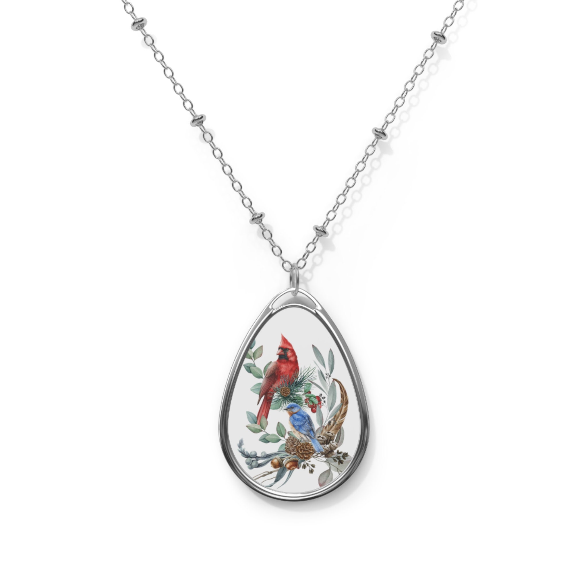 Beautiful Red Cardinal Oval Necklace, Cardinal and Blue Bird Pendant ...
