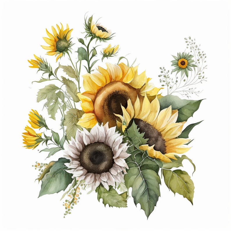 Watercolor Sunflower Clipart, Floral Bouquets, Fall Sunflowers ...
