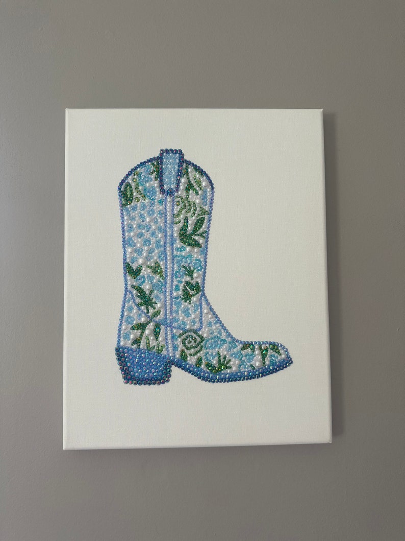 Coastal Cowgirl Blue Floral Print Rhinestone Cowgirl Boot Wall Art ...