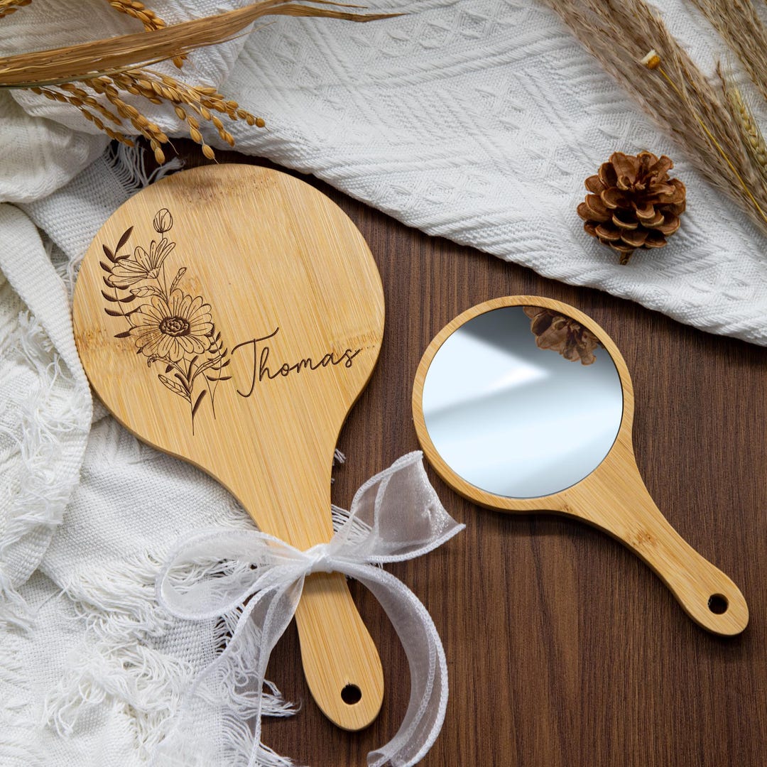 Name Engraved Birth Flower Mirror With Handle, Mirror for Bridesmaid ...